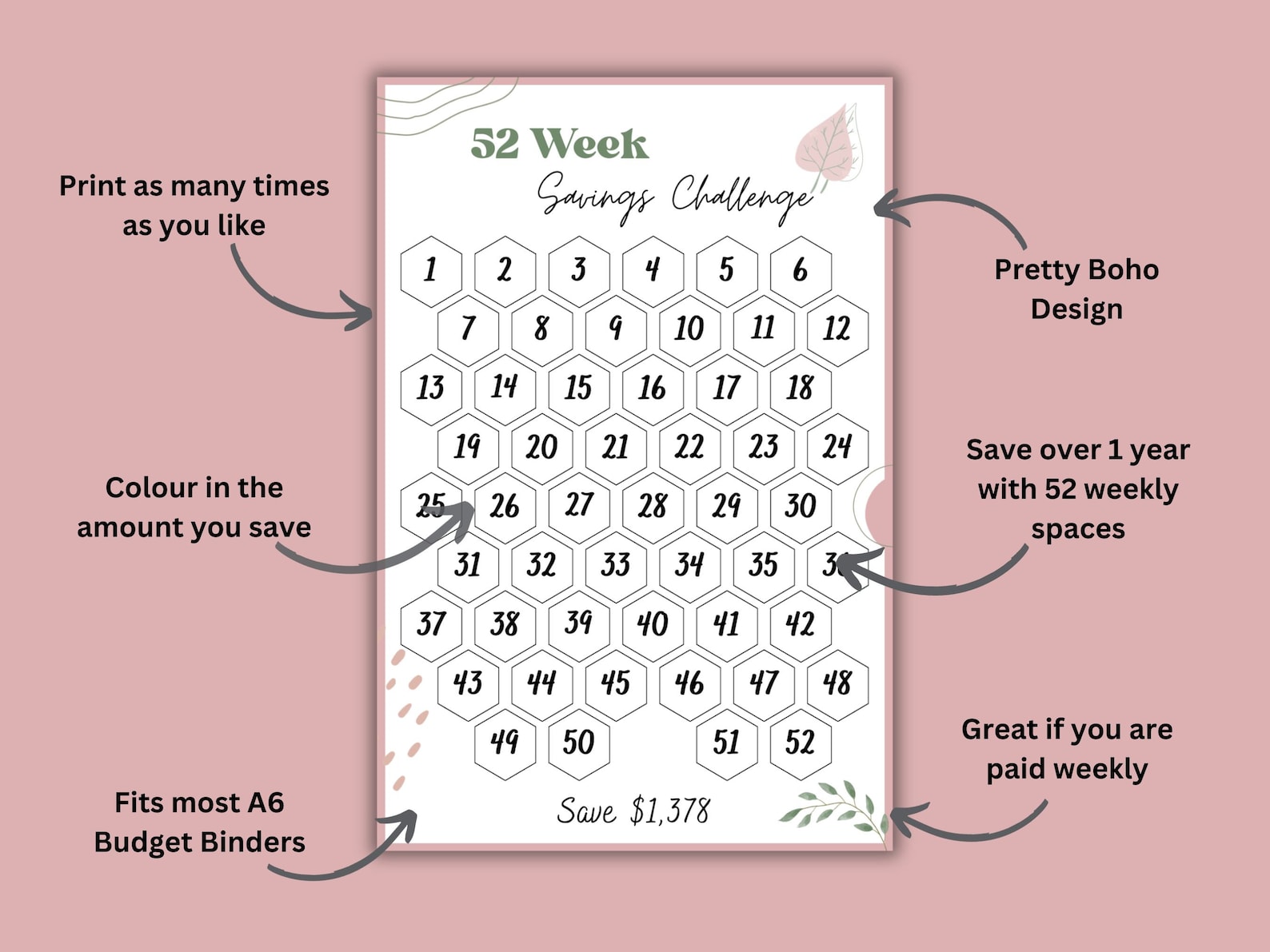 52 Week Savings Challenge Printable, 52 Weeks Money Saving Challenge ...