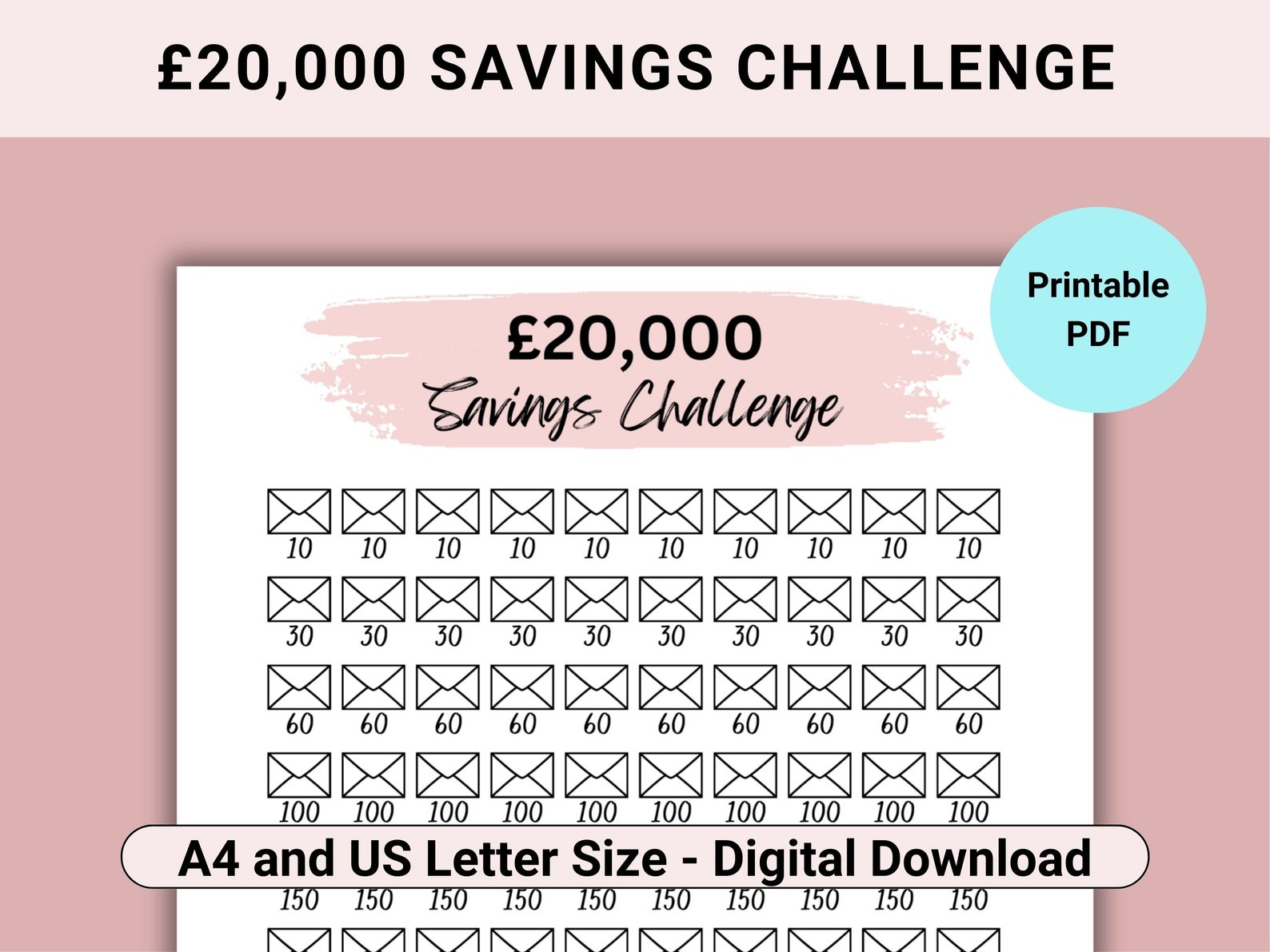 20000 Savings Challenge Printable, 20K Challenge PDF, 100 Envelope ...