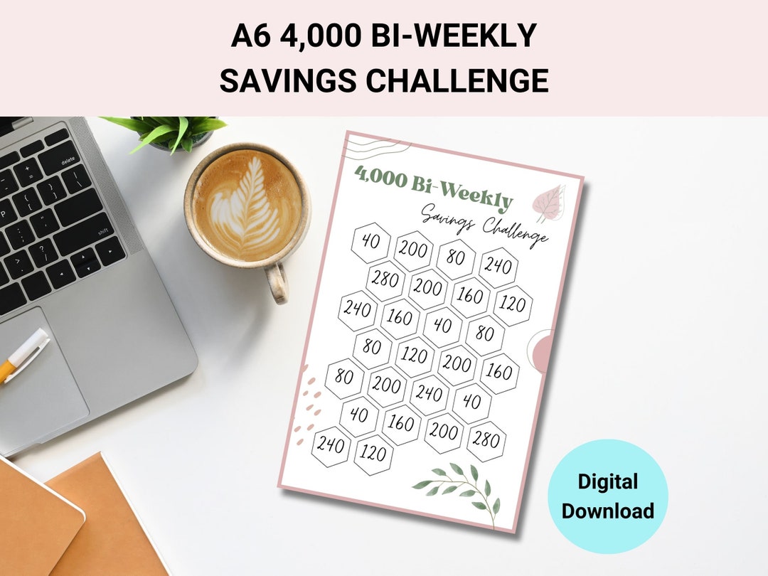 4K Savings Challenge Bi Weekly Printable, A6 4000 Biweekly Savings ...