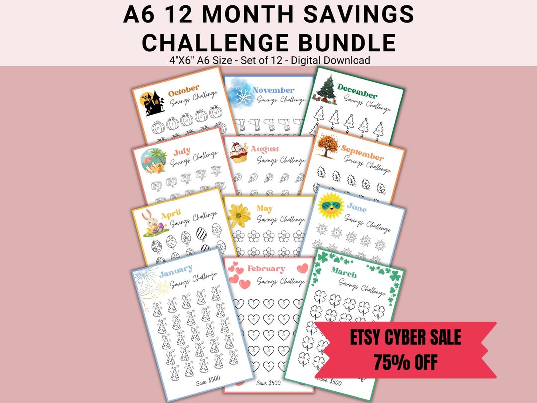 12 Month Saving Challenges, A6 Savings Challenge Printable, Monthly ...