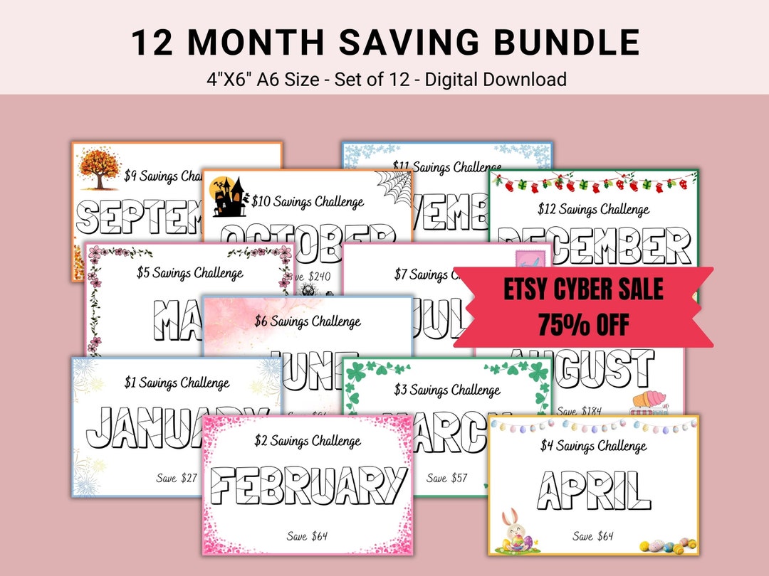 12 Month Savings Challenge Printable Monthly Saving - Etsy