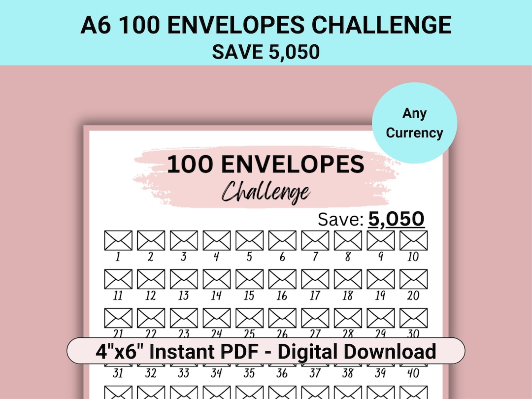 A6 100 Envelope Challenge Printable, 5K Challenge, A6 100 Envelope Challenge Envelope 5050 ...
