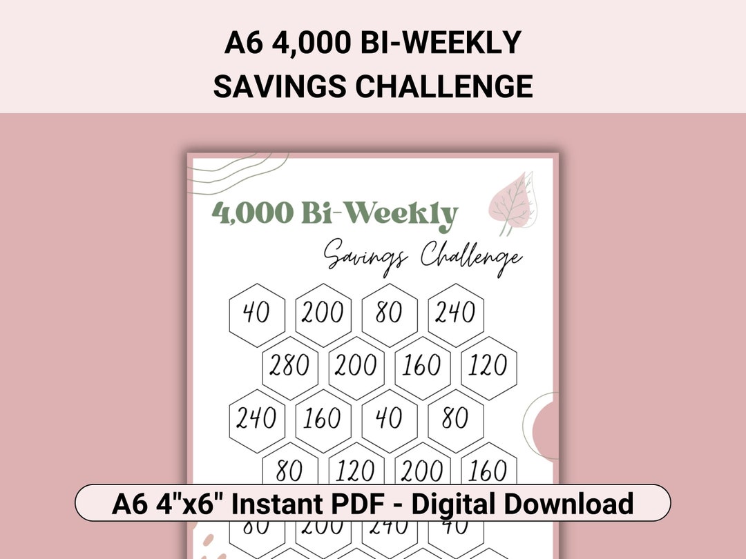 4K Savings Challenge Bi Weekly Printable, A6 4000 Biweekly Savings ...
