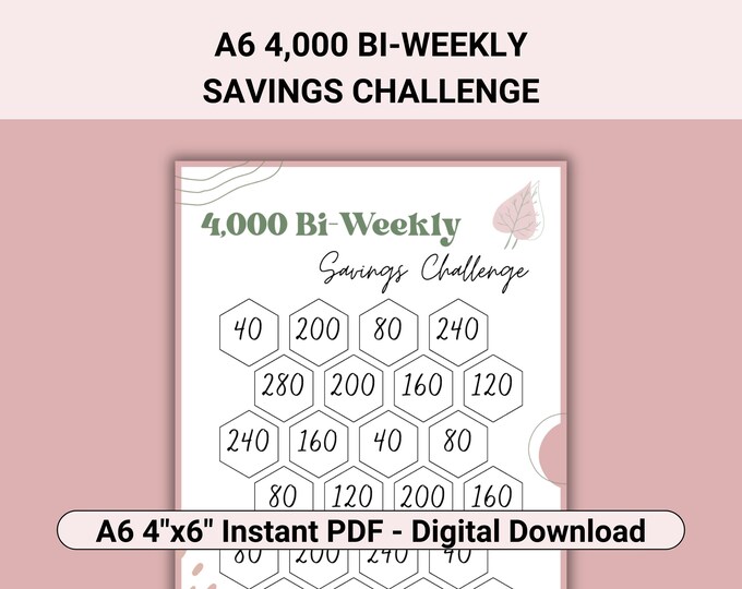 4K Savings Challenge Bi Weekly Printable, A6 4000 Biweekly Savings ...
