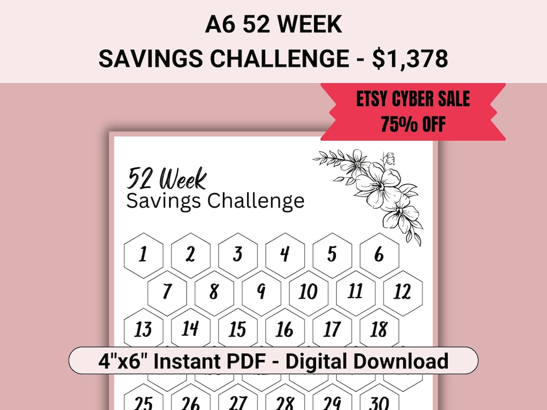52 Weeks Savings Challenge Printable Size A6, 52 Week Challenge, Fits ...