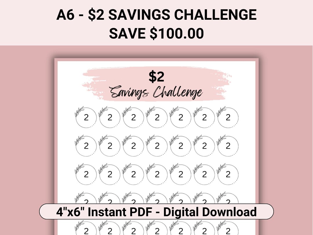 2 Dollar Savings Challenge Printable, Save 100 Challenge Fits A6 Budget ...