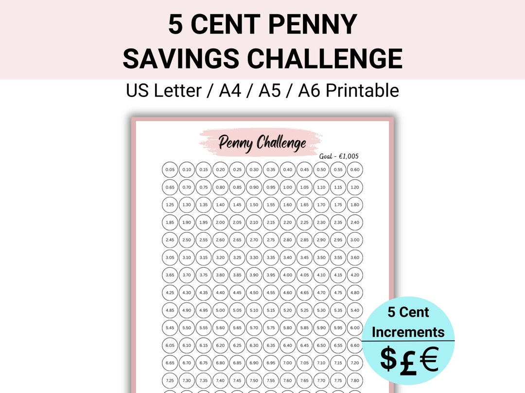 5 Cent Penny Savings Challenge Printable, Low Income Savings Challenge ...