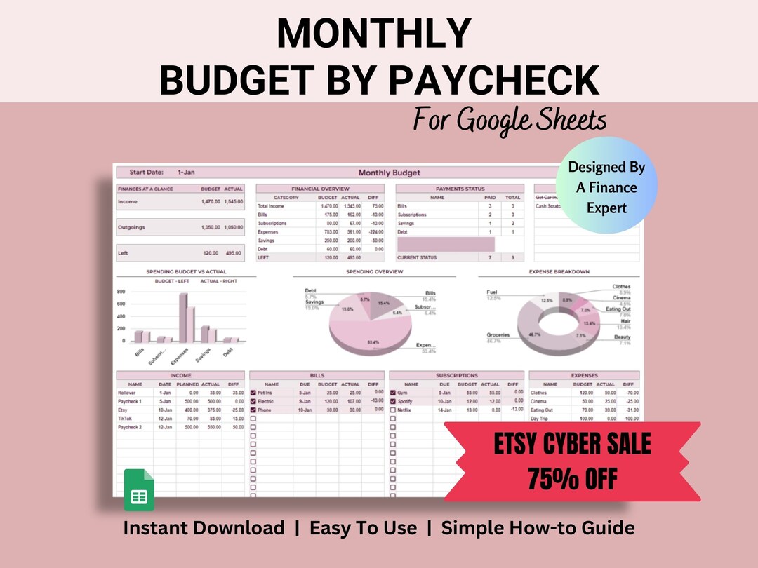Ultimate Monthly Budget Spreadsheet for Google Sheets, Paycheck Budget ...