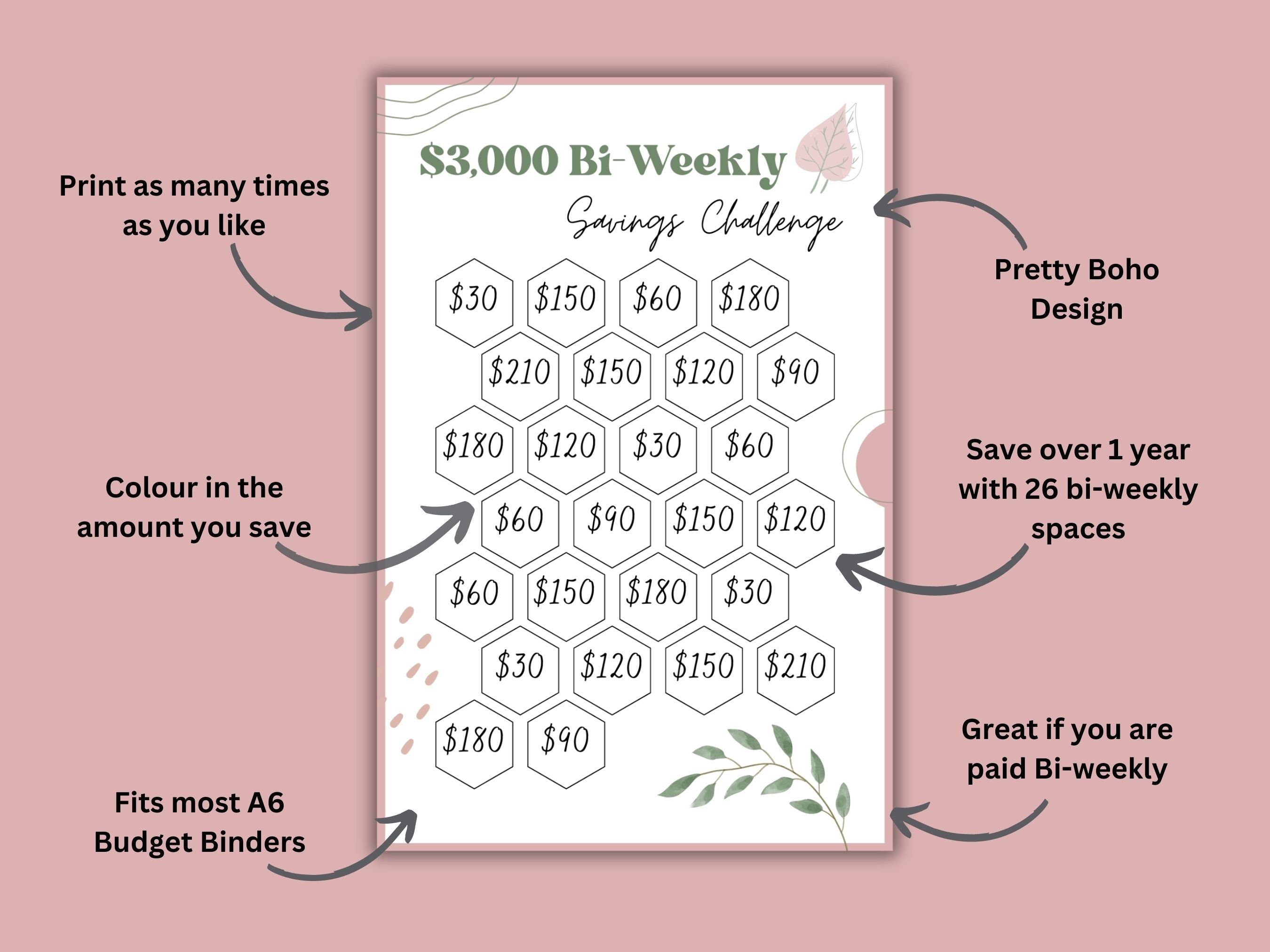 3K Savings Challenge Bi Weekly Printable, Boho A6 3K Savings Challenge ...