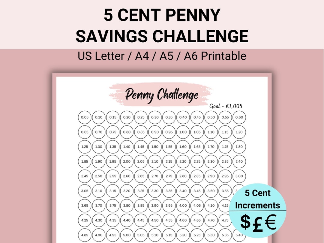 5 Cent Penny Savings Challenge Printable, 365 Day Penny Saving Chart ...