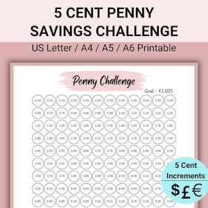 5 Cent Penny Savings Challenge Printable, 365 Day Penny Saving Chart ...