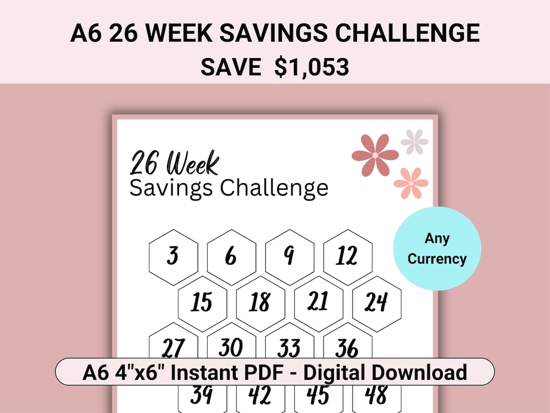 26 Weeks Savings Challenge Printable, A6 26 Week Challenge, 26 Week ...