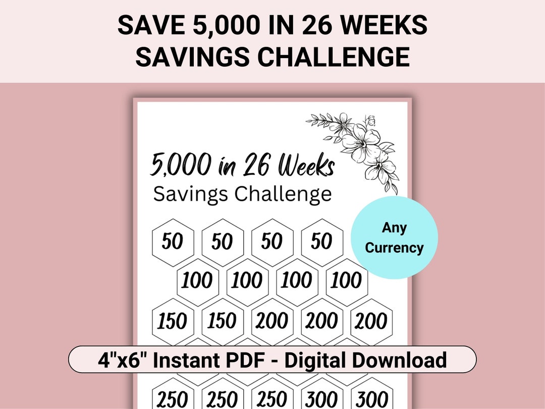 5,000 in 26 Weeks Savings Challenge Printable, 26 Week 5k Savings ...