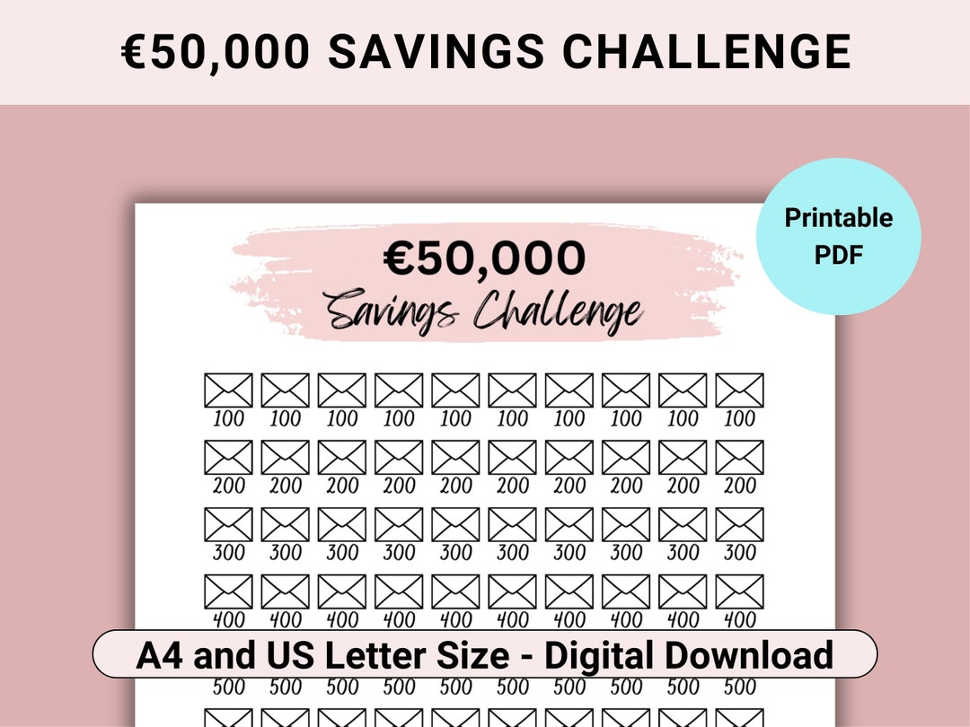 50000 Savings Challenge Printable, 50K Challenge PDF, 100 Envelope ...