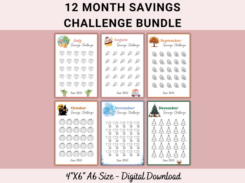 12 Month Saving Challenges, A6 Savings Challenge Printable, Monthly ...