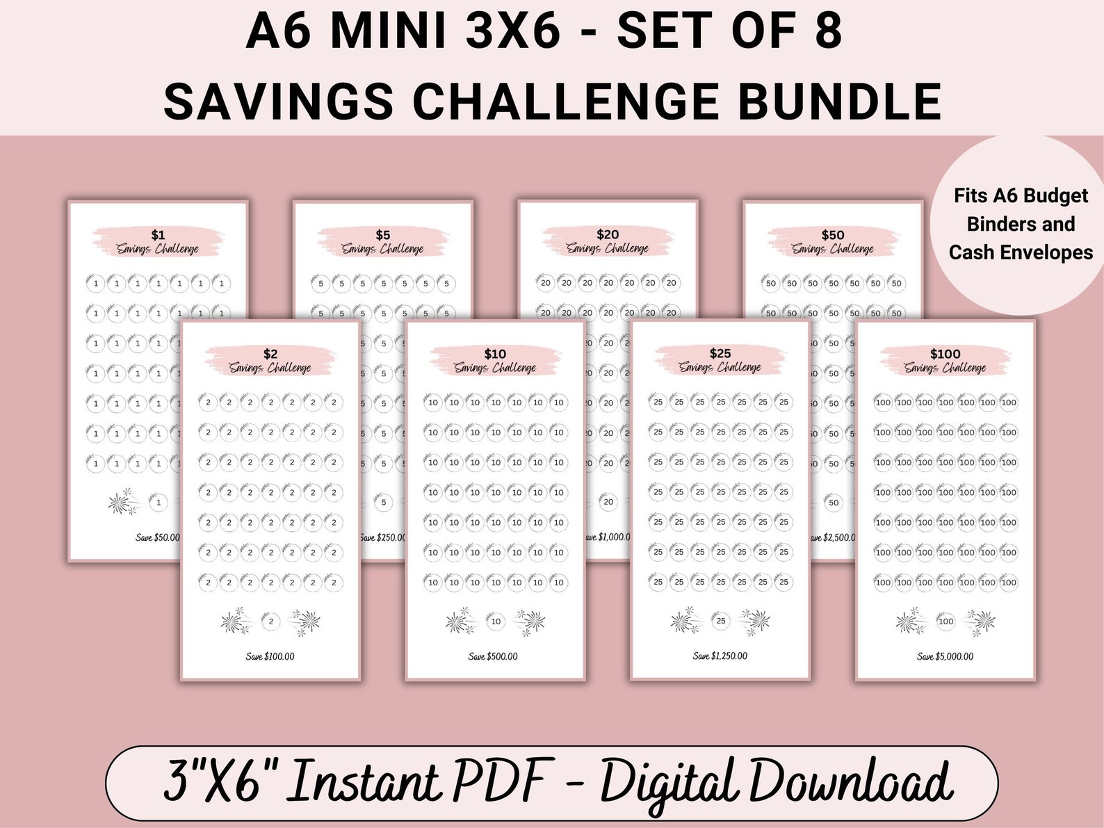 A6 Savings Challenge Printable Bundle Set of 8, Mini A6 Size 3x6 Inches ...