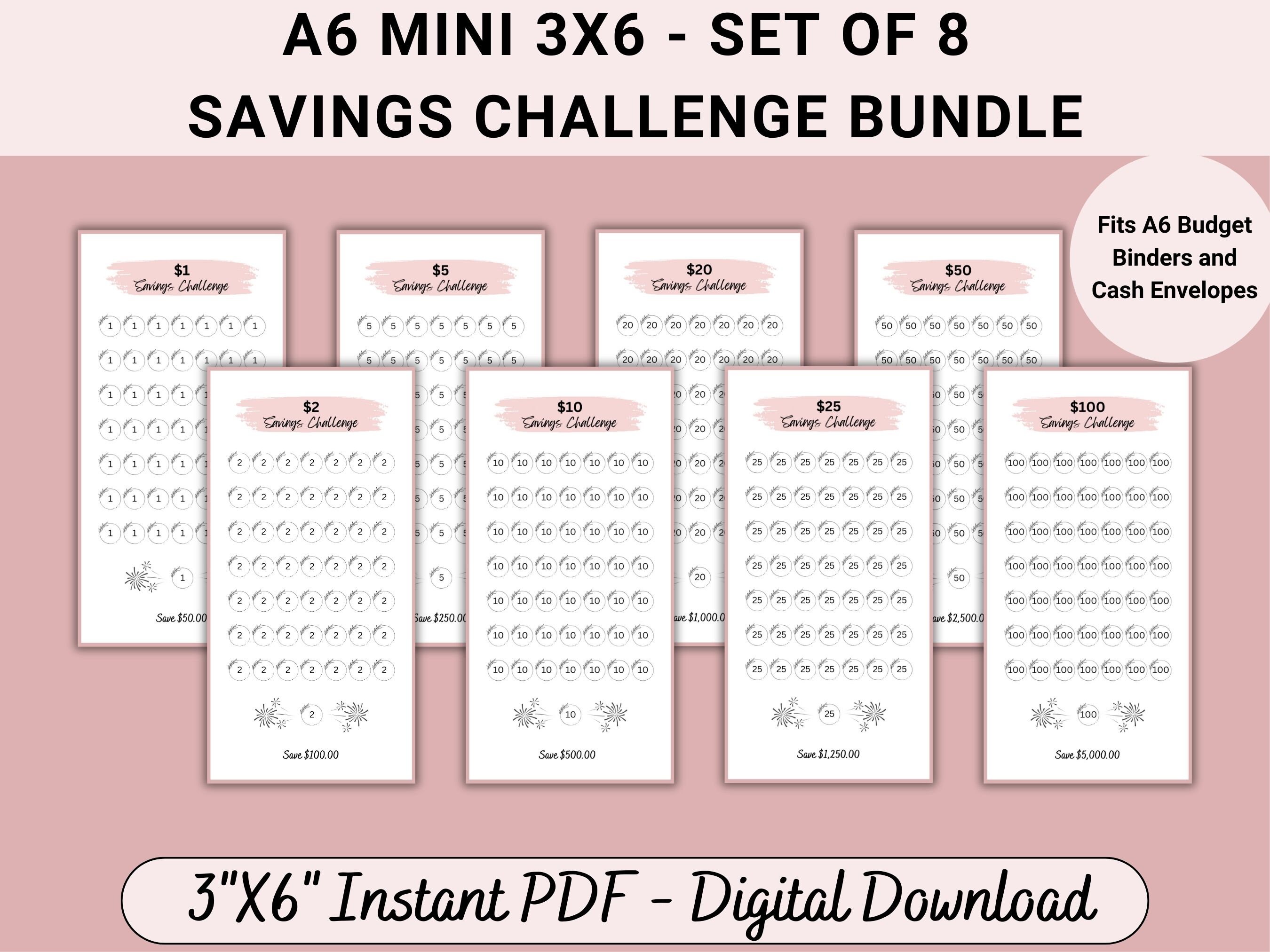 A6 Savings Challenge Printable Bundle Set of 8, Mini A6 Size 3x6 Inches ...