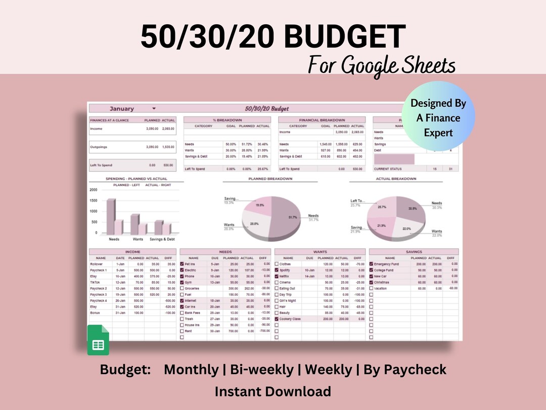 50/30/20 Monthly Budget for Google Sheets, Google Sheets Budget Tracker ...