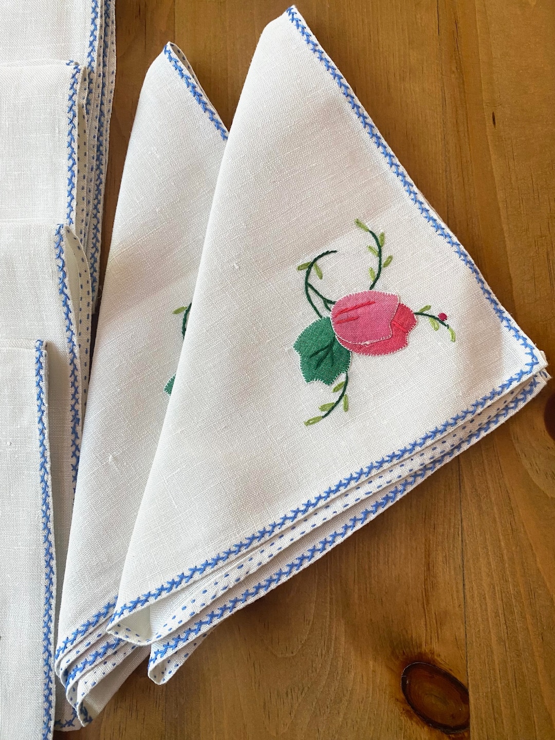 Juego Vintage De 7 Servilletas De Lino Bordadas A Mano Con Etsy España