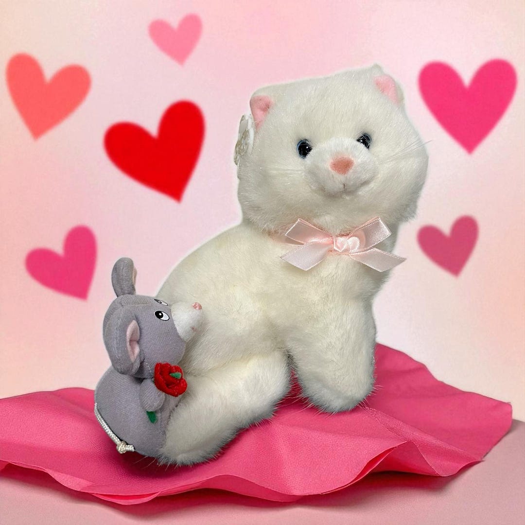 Vintage Russ Caress Soft Pet White Cat With Mouse Holding a Red Flower ...