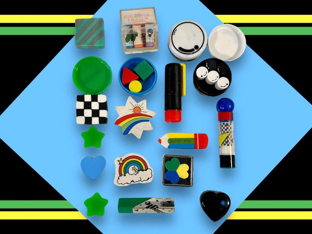 Vintage Erasers/rubbers Lot, 80's-90's. Rainbow, Pencil, Heart in Its ...