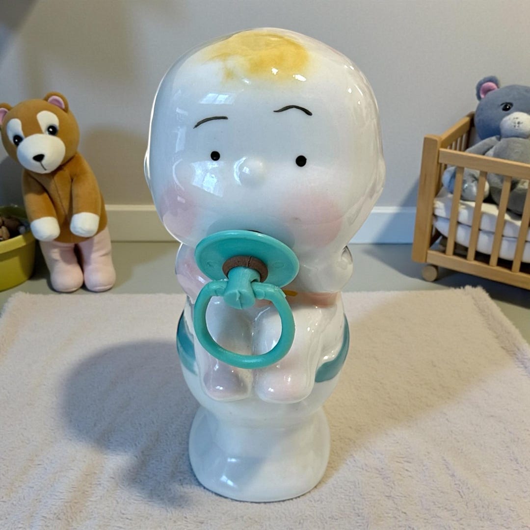 Vintage Piggy Bank, Adorable Baby and Pacifier on Small Potty, Ceramic ...