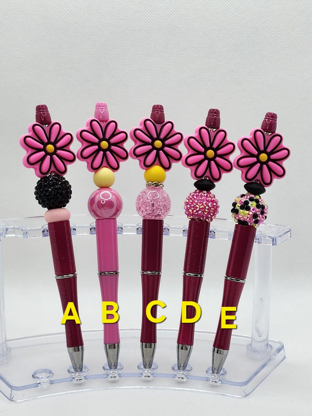Pink Daisy Flower With Yellow Beaded Pen & 1 Free Ink Refill With Each ...