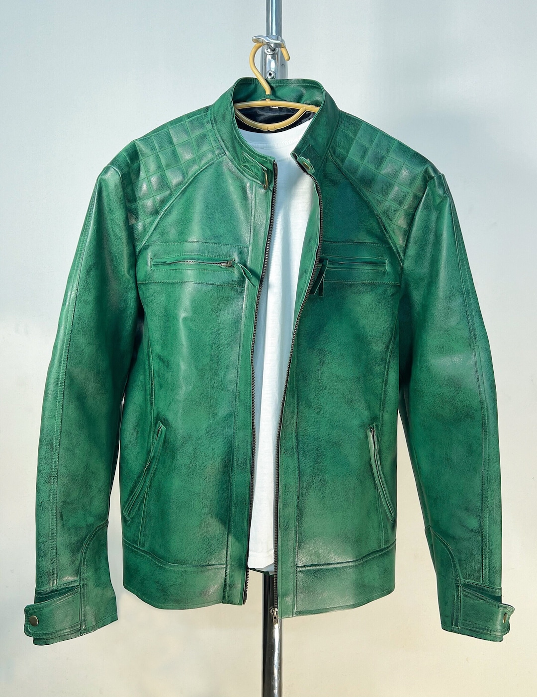 Mens Green Biker Quilted Leather Jacket, Real Lambskin Leather ...