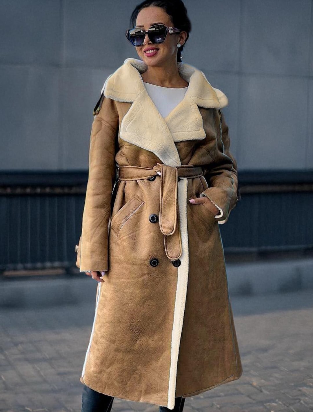 Women's Sheepskin Suede Leather Long Fur Coat Handmade Leather Fur Coat ...