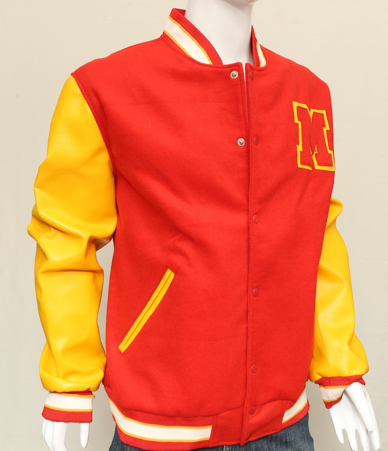 Varsity Thriller Jacket Men Handmade Yellow Faux Leather Sleeves Red ...