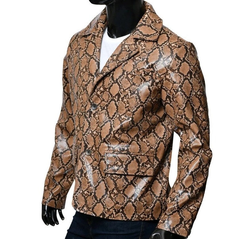 Leather Jacket Mens Snake Skin Print Real Cowskin Leather Jacket, Brown ...