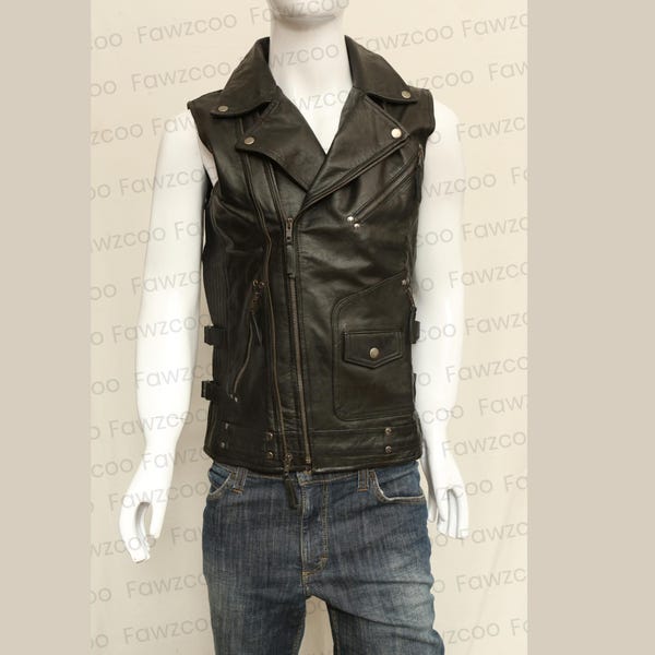 Handmade Black Motorcycle Vest Biker Sheepskin Genuine Leather Gilet ...