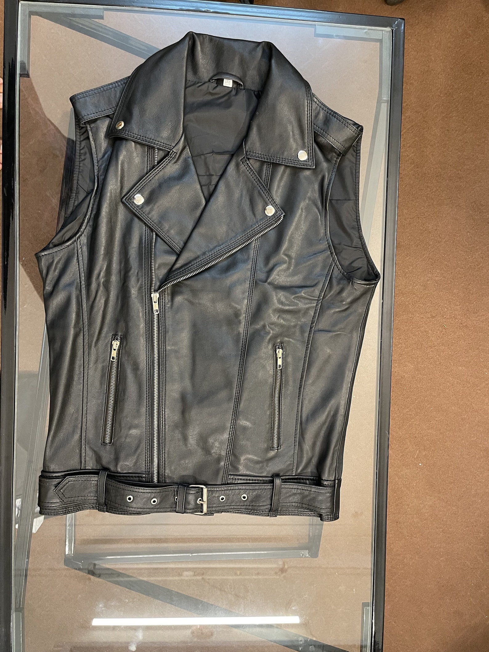 Handmade Black Motorcycle Vest Biker Sheepskin Genuine Leather Gilet ...