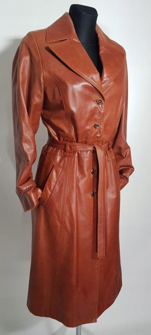 Vintage 70 Brown Leather Trench Coat for Women Long Belted Vintage 70 Brown Leather Trench Coat for Women Long Belted