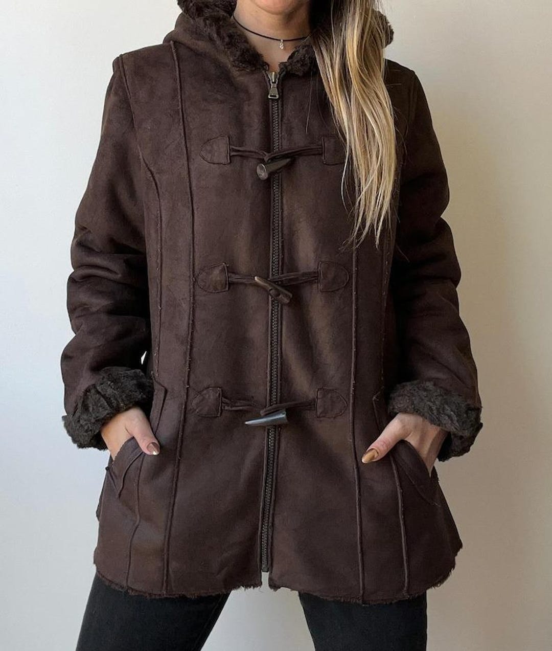 Women Duffle Coat Sheepskin Suede Vintage 90s Jacket Grunge Clasp ...