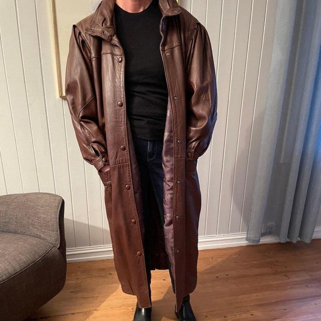 Men’s Long Leather Trench Coat, Winter Sheepskin Duster, Genuine ...