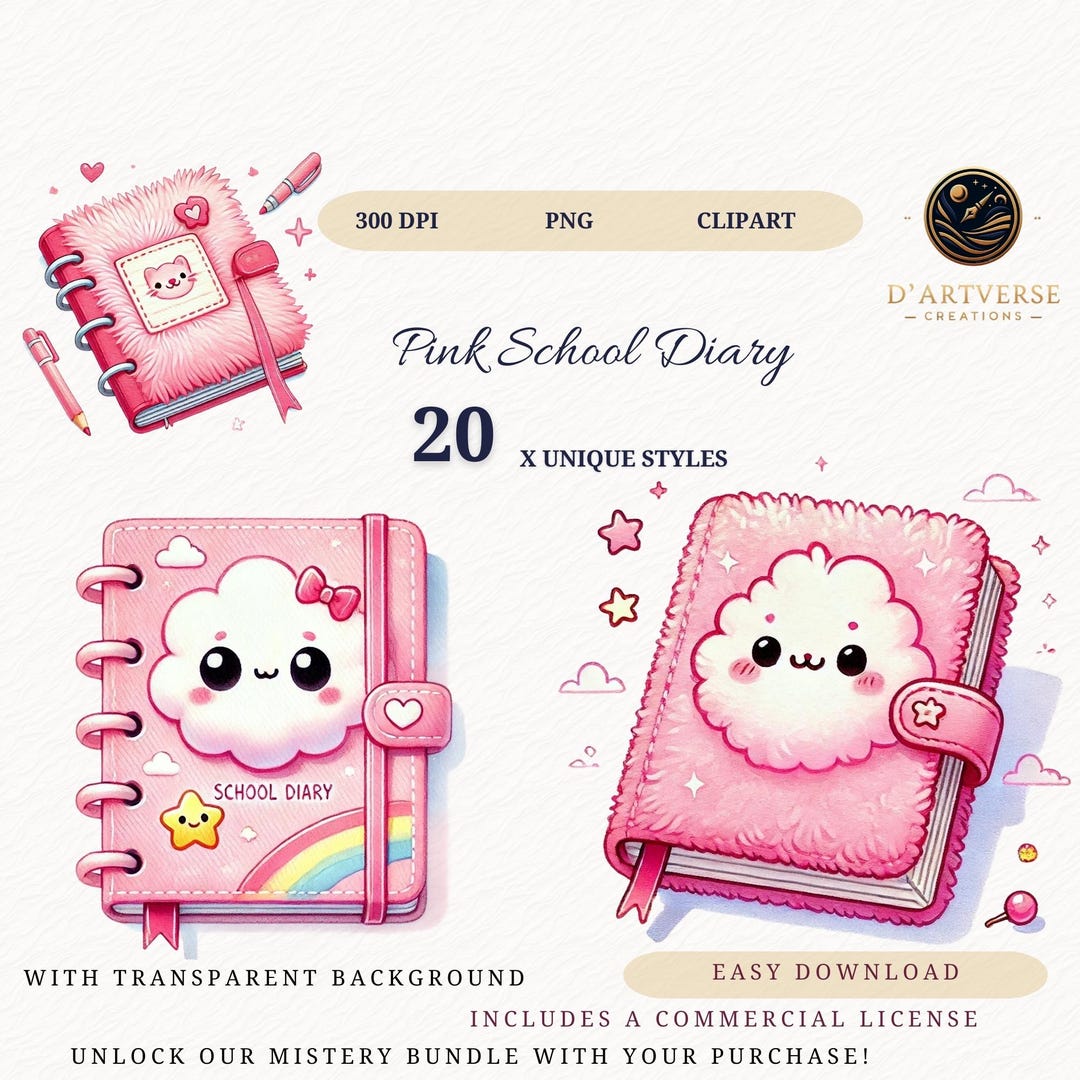 Watercolor Pink School Diary Clipart Cute Notebook Graphics Kawaii ...