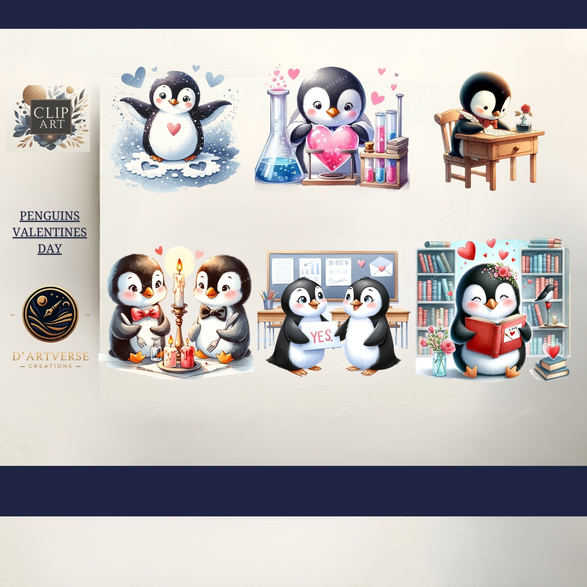Watercolor Penguin Art Valentine Clipart Set Romantic Penguins Digital ...
