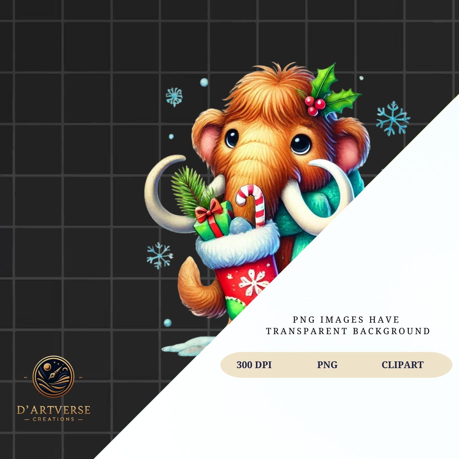 Christmas Mammoth Clipart Bundle Cute Winter Animal PNG Watercolor ...