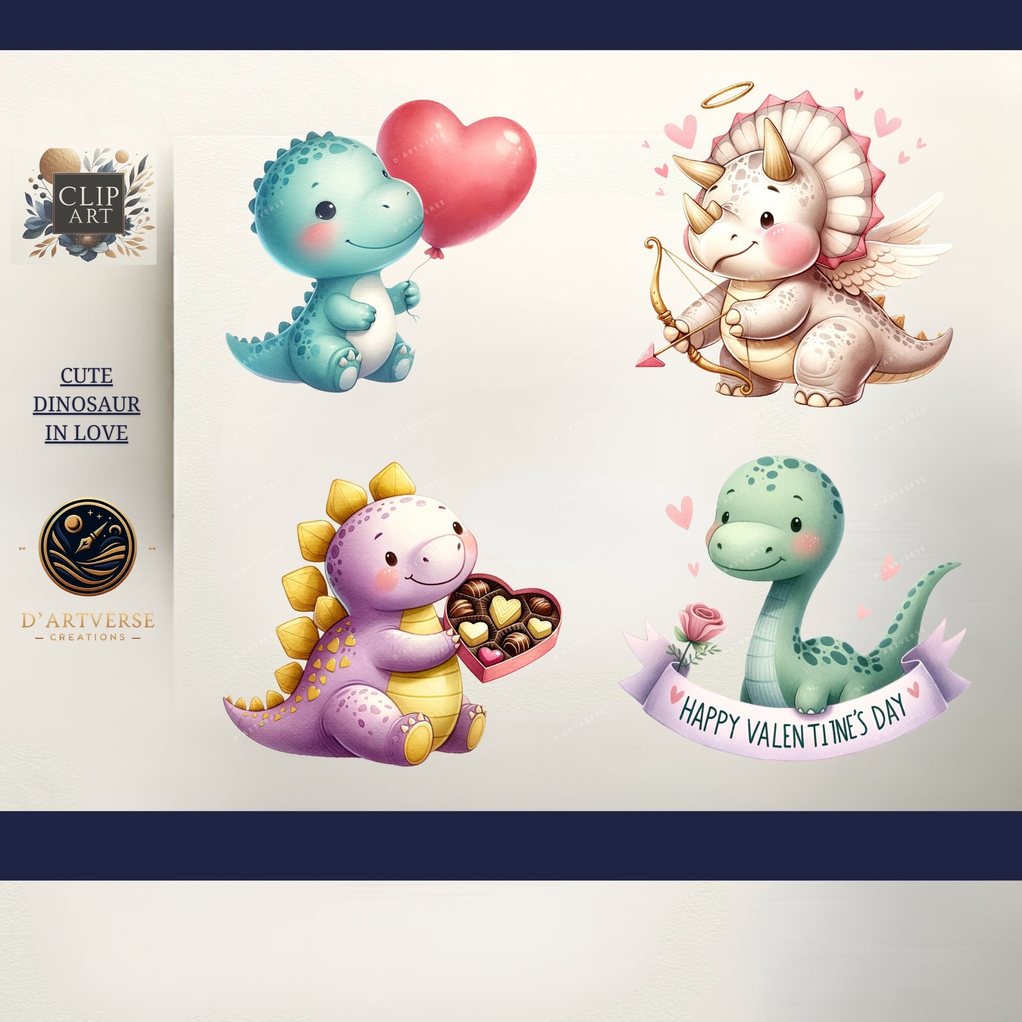 Dinosaur Clipart Love Day Valentine Graphics Watercolor Dino Art Cute ...