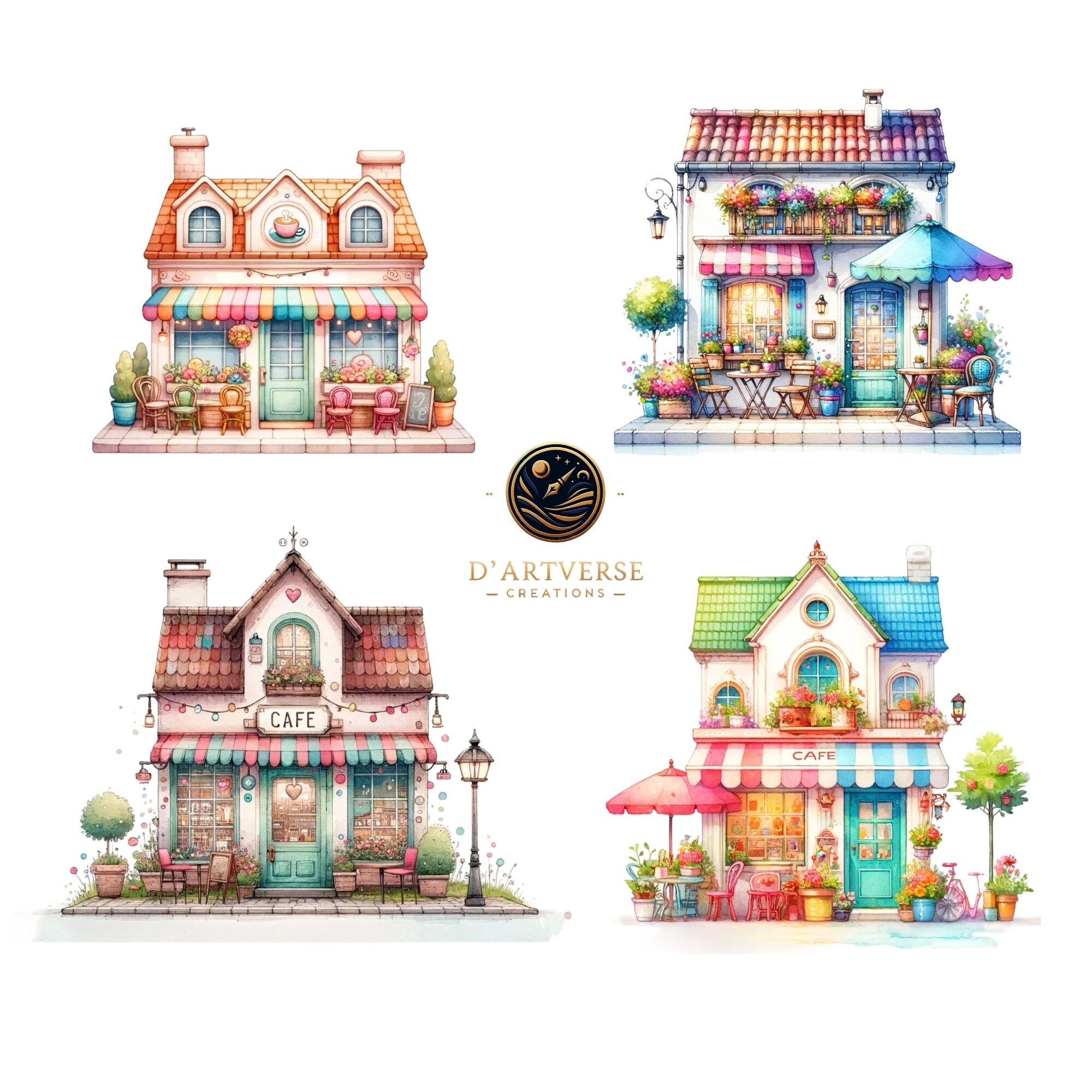Watercolor Cute Cafe Clipart Digital Cafe Graphics PNG Coffee Shop ...