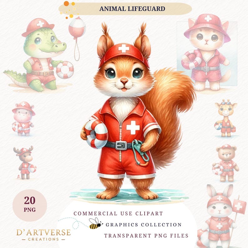 Watercolor Cute Animal Lifeguard Clipart Bundle Summer Beach Rescue PNG ...