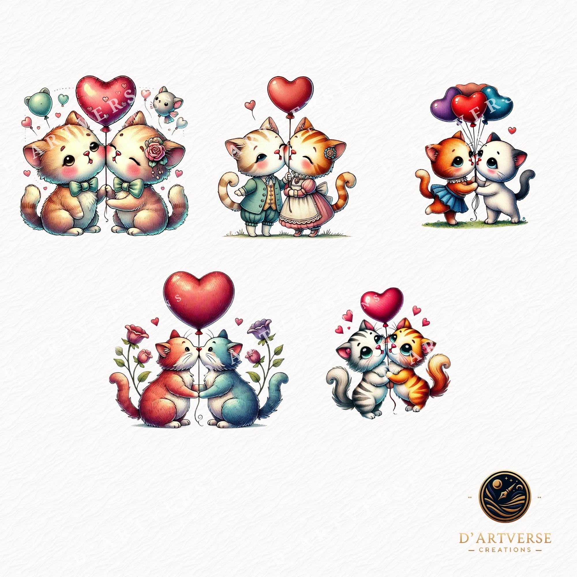 Watercolor Romantic Cat Couple Clipart Valentine's Day Kitten PNG Love ...
