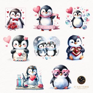 Watercolor Penguin Art Valentine Clipart Set Romantic Penguins Digital ...