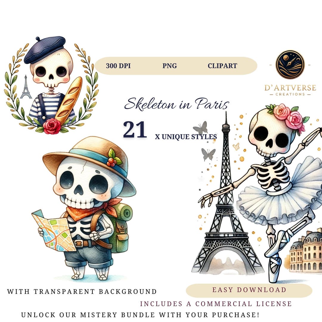 Skeleton Clipart Paris Bundle Watercolor Parisian Skeletons Ballerina ...