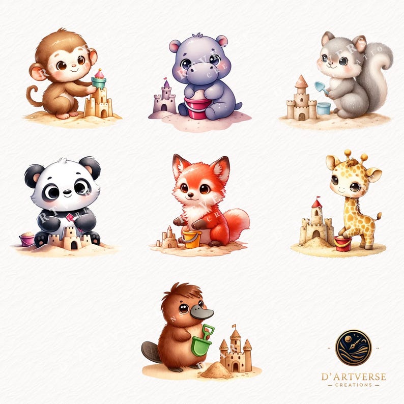 Watercolor Beach Animal Clipart Bundle Baby Animals Building ...
