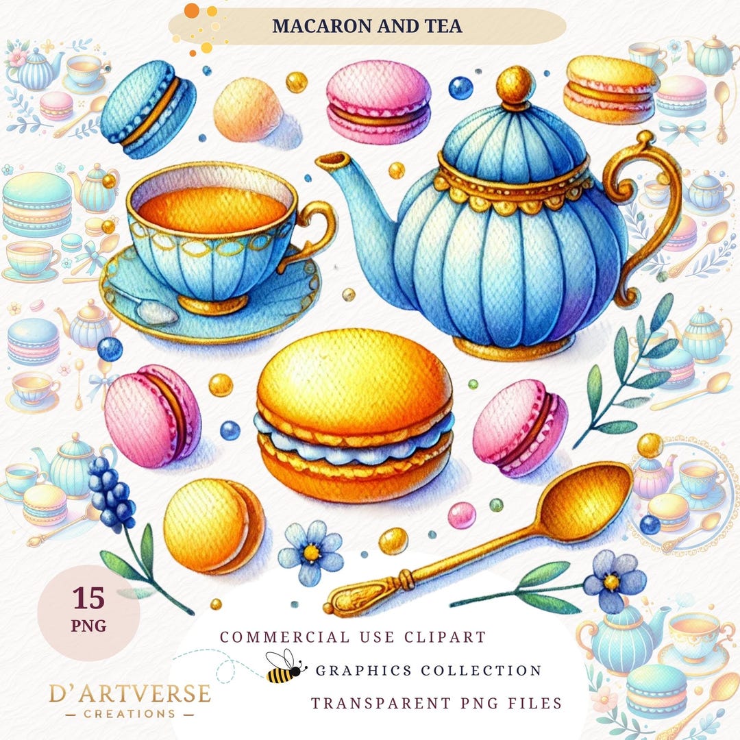 Watercolor Macaron Tea Set Clipart Vintage Tea Party PNG Afternoon ...