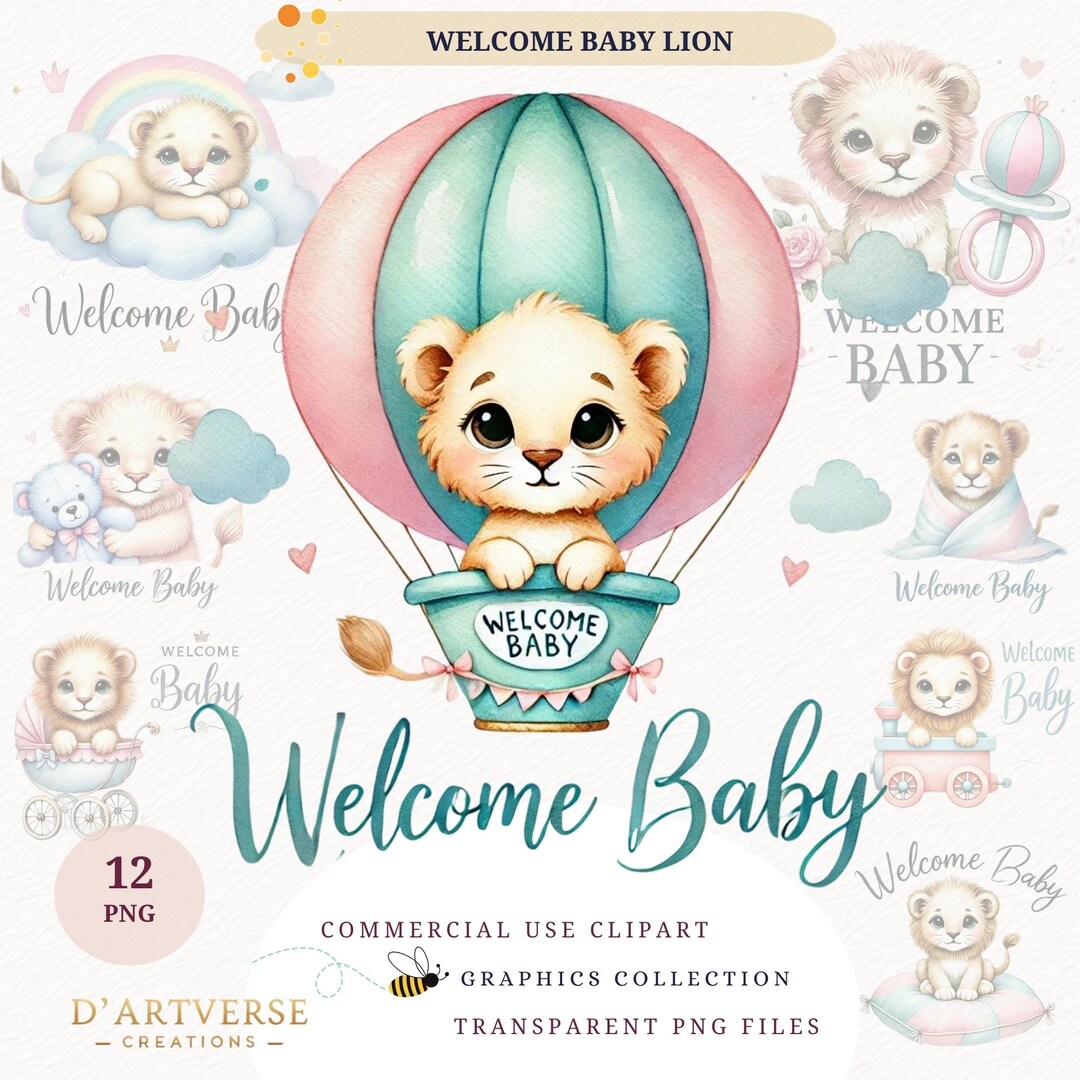 Baby Lion Clipart Bundle Watercolor Jungle Safari Animal PNG Nursery ...