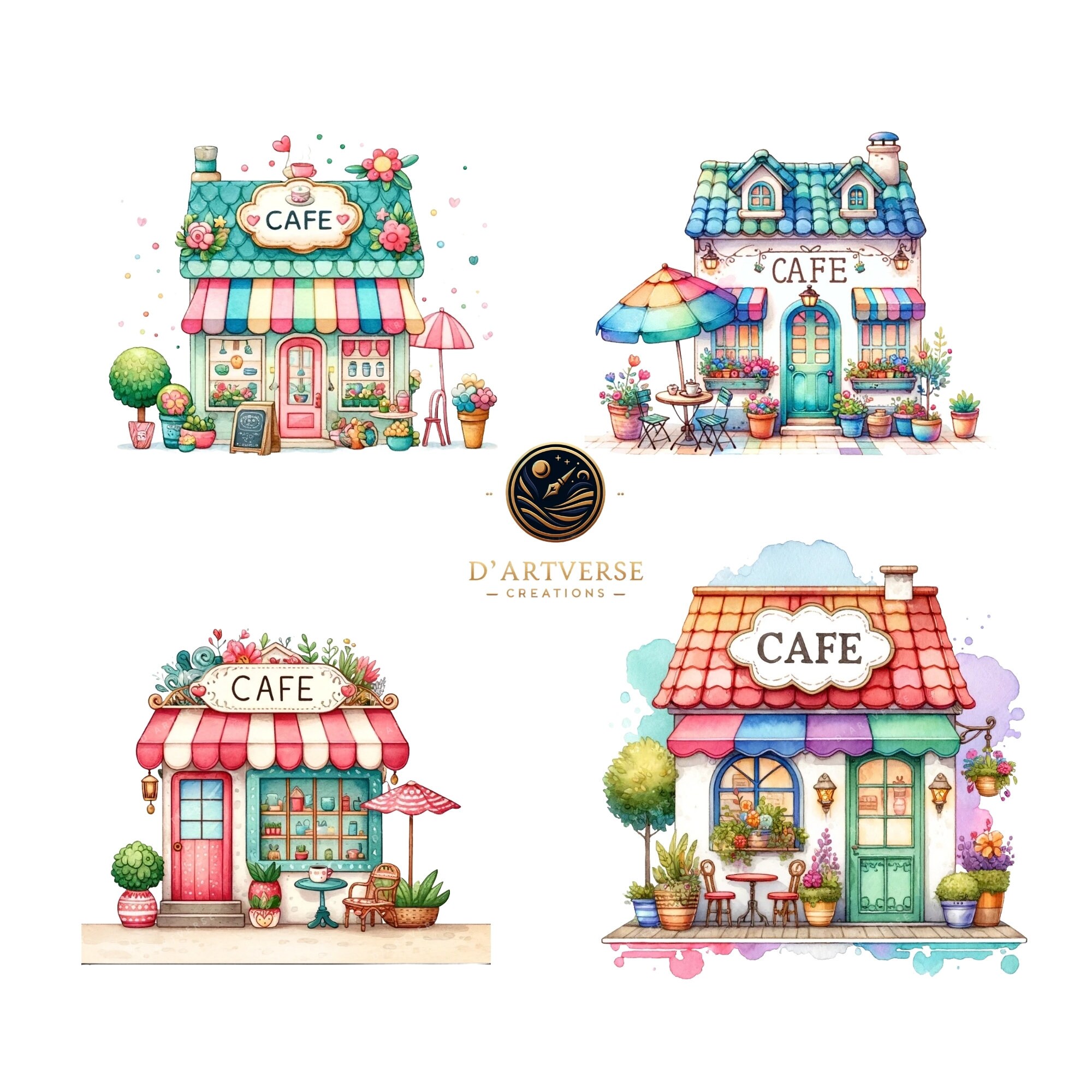 Watercolor Cute Cafe Clipart Digital Cafe Graphics PNG Coffee Shop ...