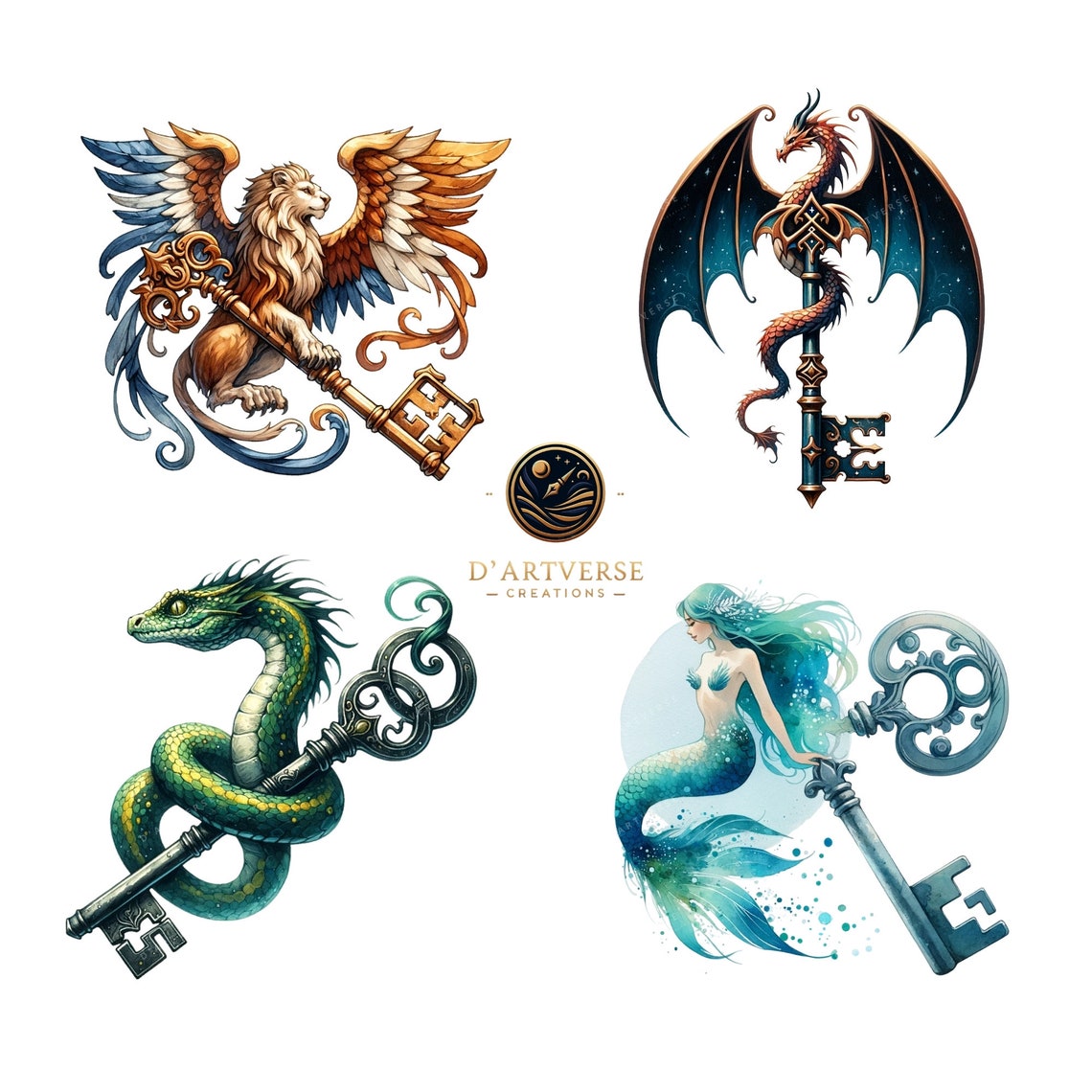 Fantasy Clipart Watercolor Fantasy Digital Mythical Creature Key Magic ...